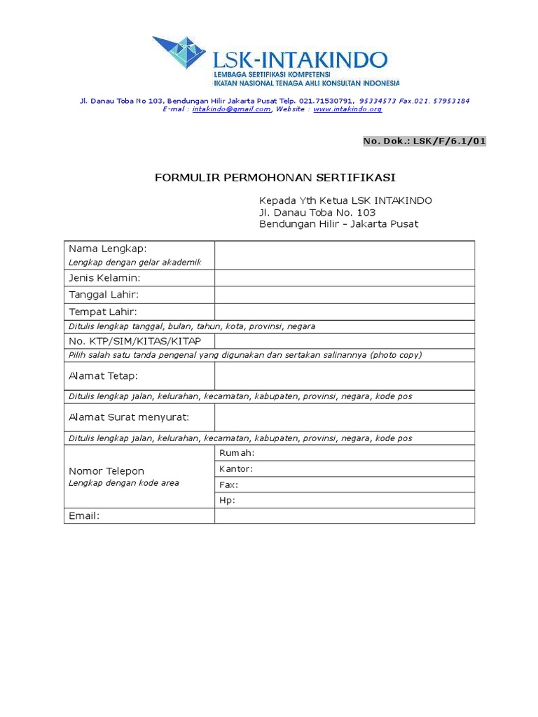 Formulir Persyaratan Permohonan Sertifikasi Penyusun Dokumen Amdal | PDF
