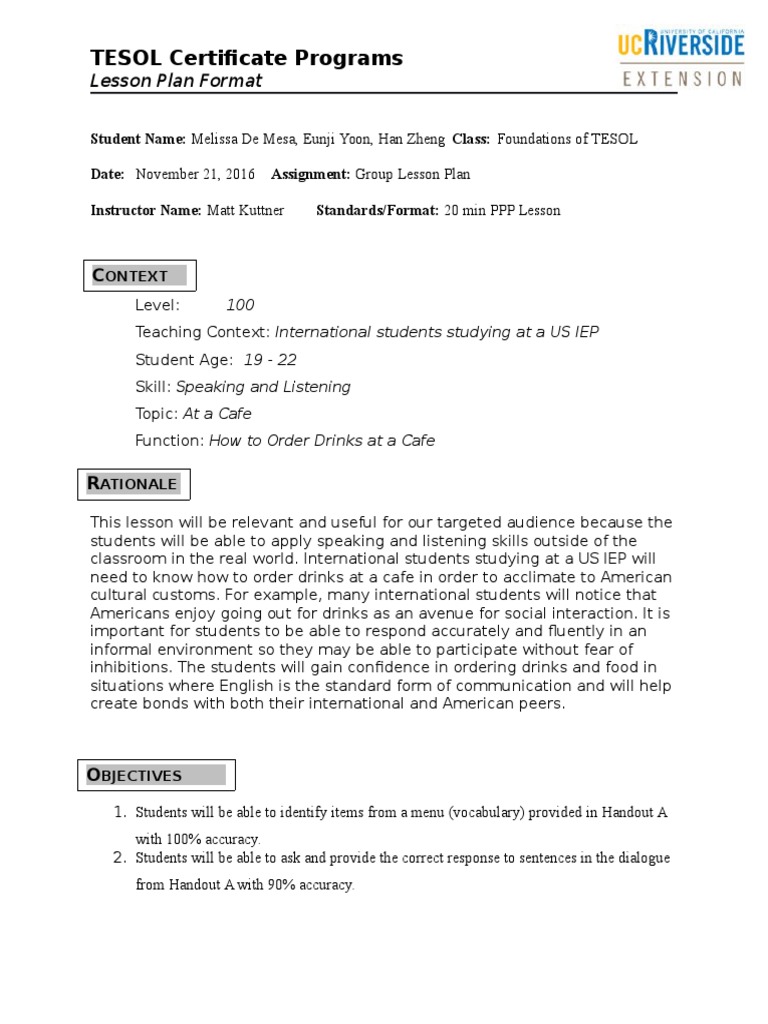TESOL Certificate Programs: Lesson Plan Format | PDF | Lesson Plan ...