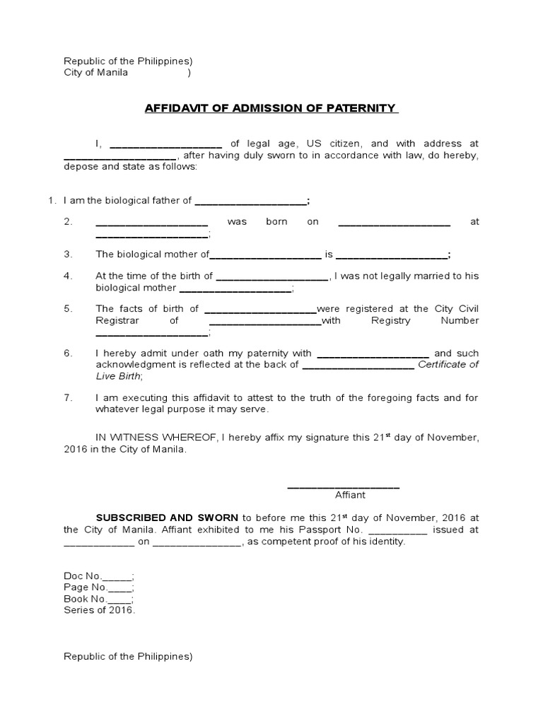 Affidavit of Admission of Paternity Template | PDF