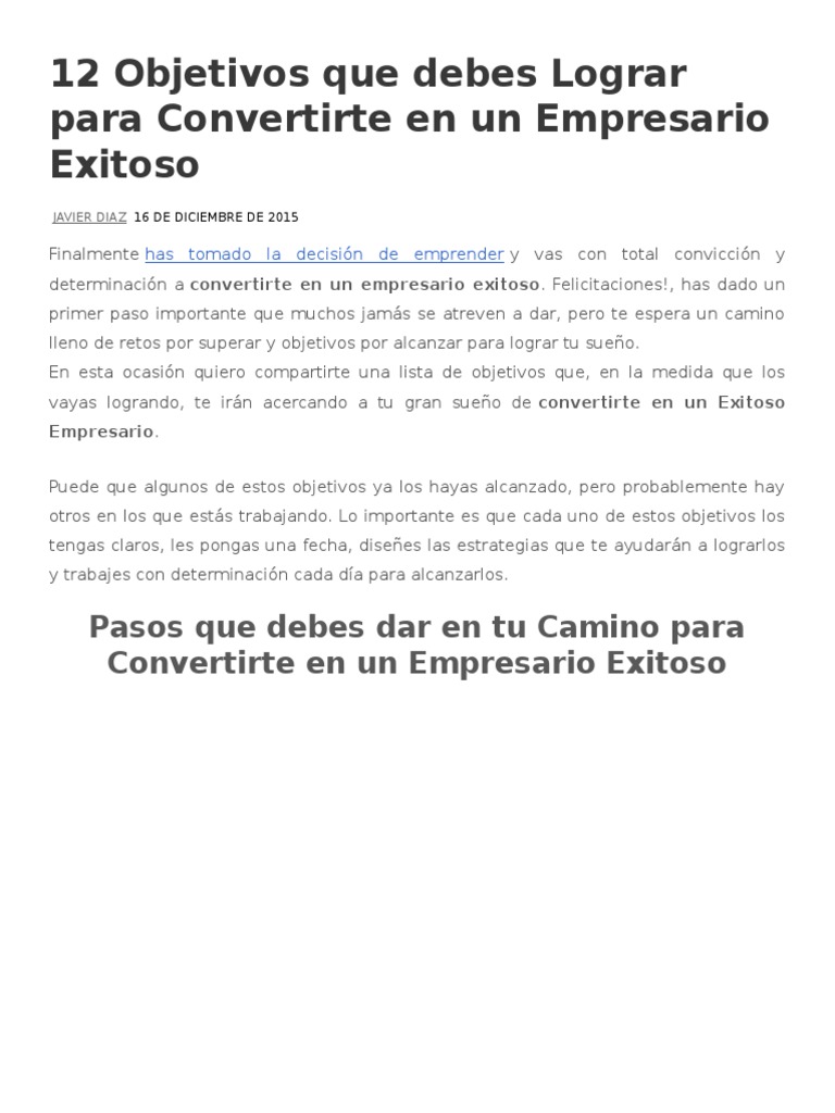 12 Objetivos Que Debes Lograr para Convertirte en Un Empresario Exitoso ...
