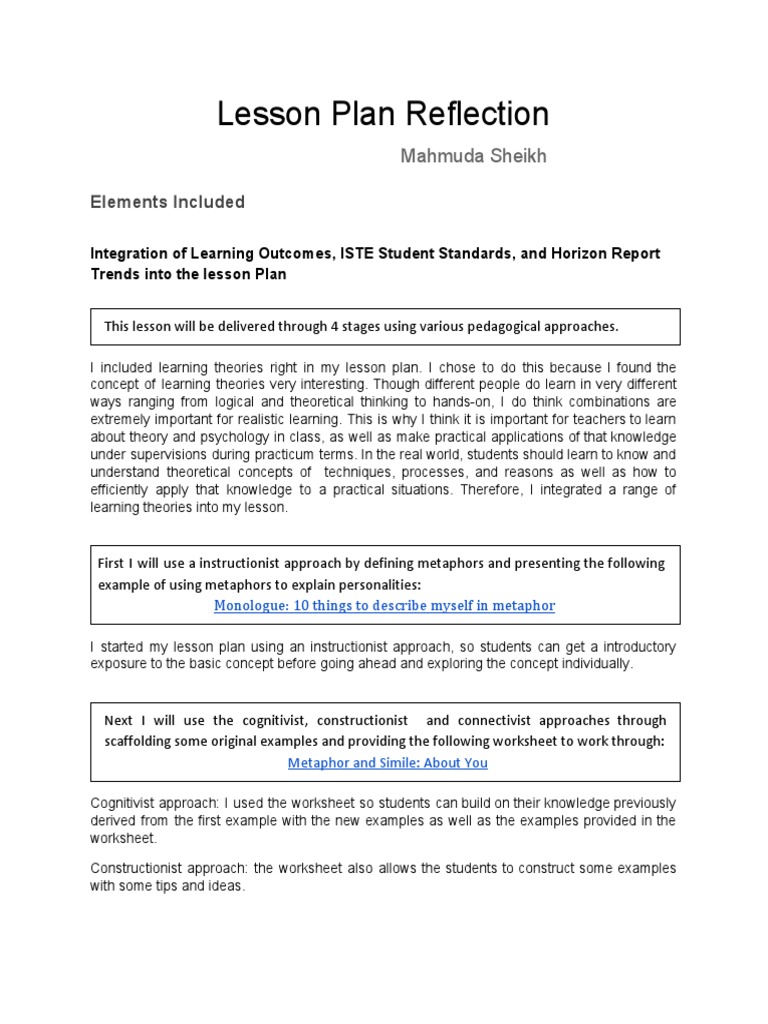 Lesson Plan Reflection: Elements Included | PDF | Learning Theory ...