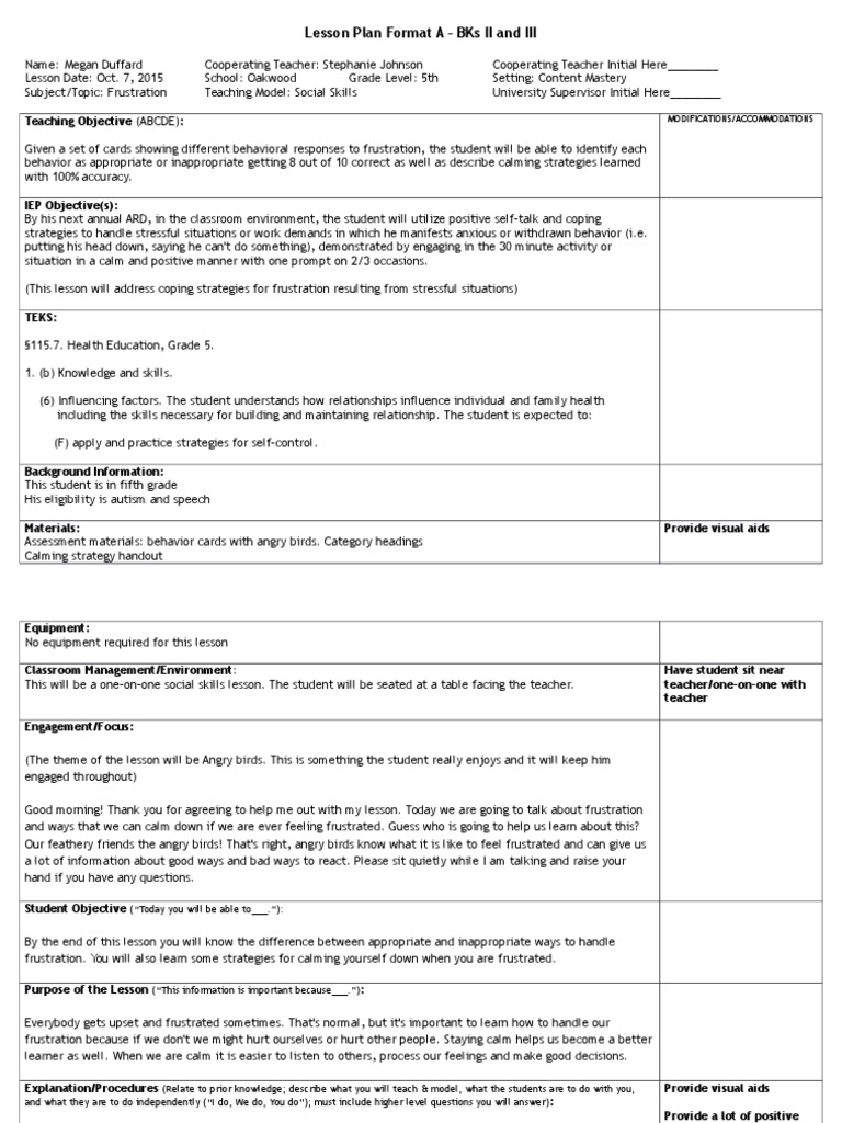 Lesson Plan Format A - Bks Ii and Iii: Teaching Objective (Abcde) | PDF ...