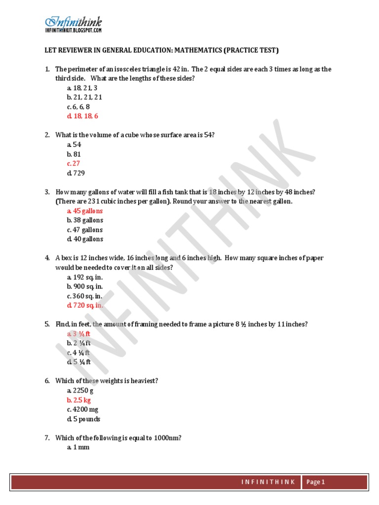 General Education Math Practice Test | PDF | Odds | Gallon