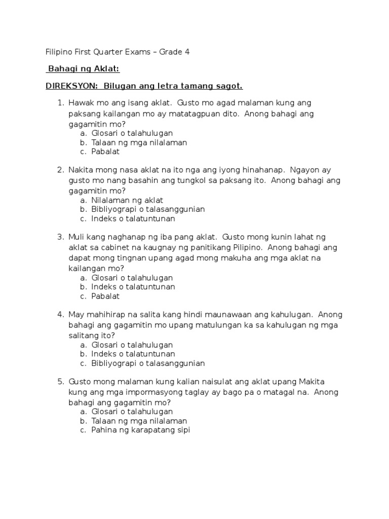 Filipino First Quarter Exams - Grade 4 | PDF