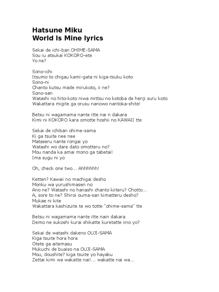 Hatsune Miku World Is Mine Lyrics | PDF