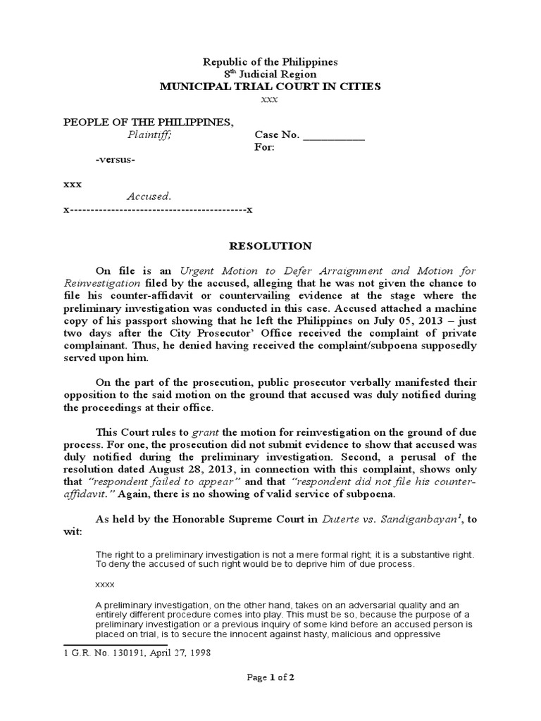 Motion For Reinvestigation Reso | PDF | Prosecutor | Due Process Clause