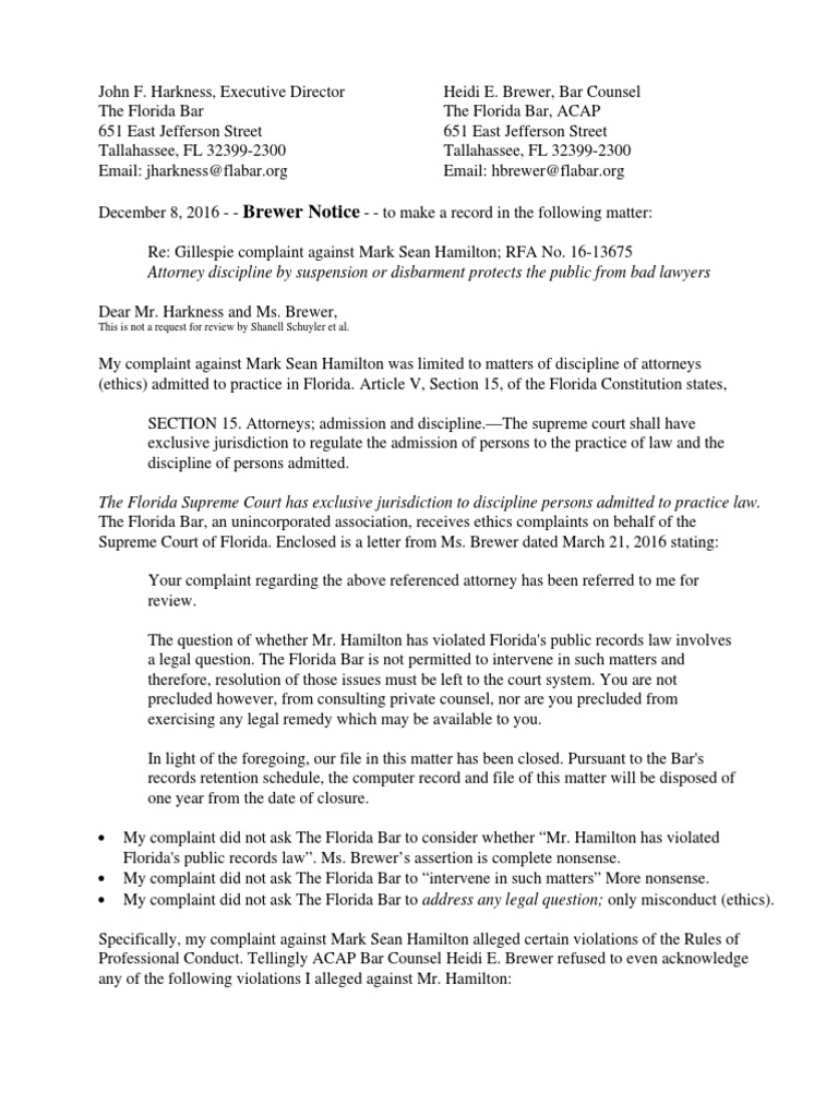 Mark Sean Hamilton, RFA No. 16-13675 - Brewer Notice | PDF | Bank Of ...