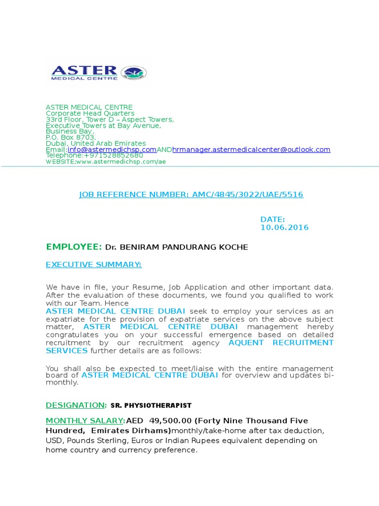 Aster Offer Letter | United Arab Emirates | Employment