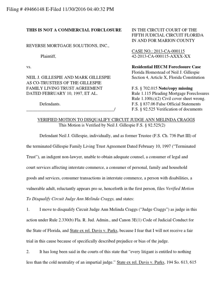 Verified Motion To Disqualify Circuit Judge Ann Melinda Craggs | PDF ...