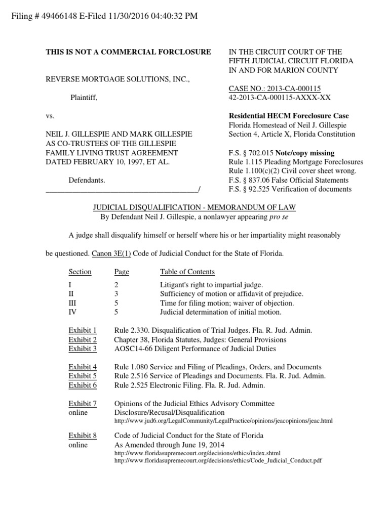 Judicial Disqualification - Memorandum of Law | Judicial ...