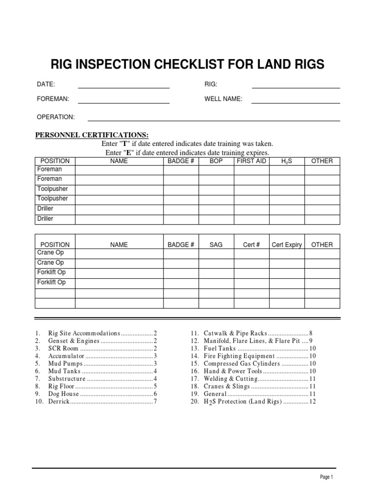 Land Rig Inspection Checklist | PDF | Pipe (Fluid Conveyance ...