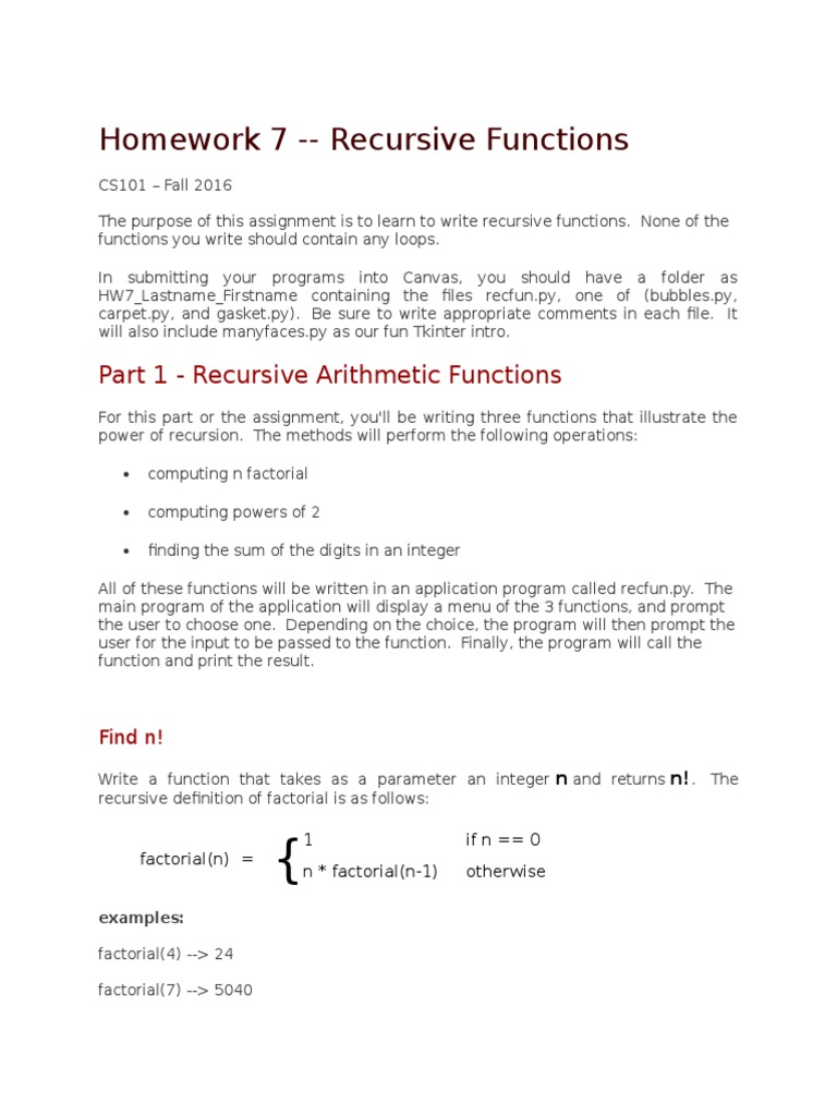 Homework 7 - Recursive Functions | PDF | Function (Mathematics) | Parameter (Computer Programming)