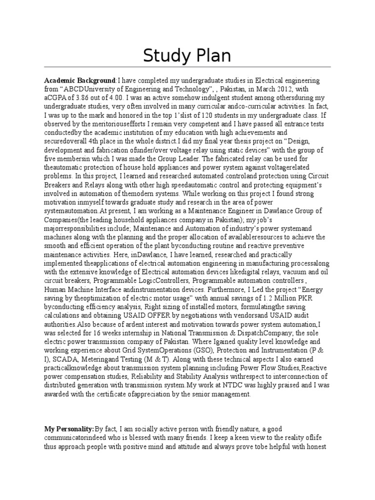 Study Plan Sample Automation Electric Power System Avalia o 