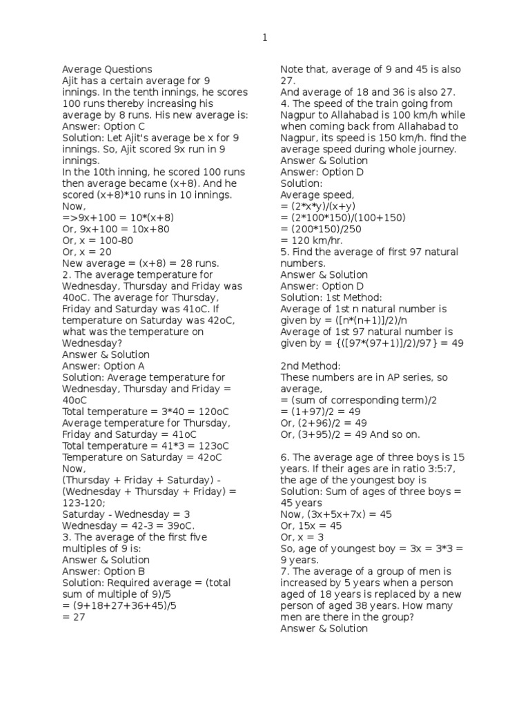 Average Questions | PDF | Percentage | Fraction (Mathematics)
