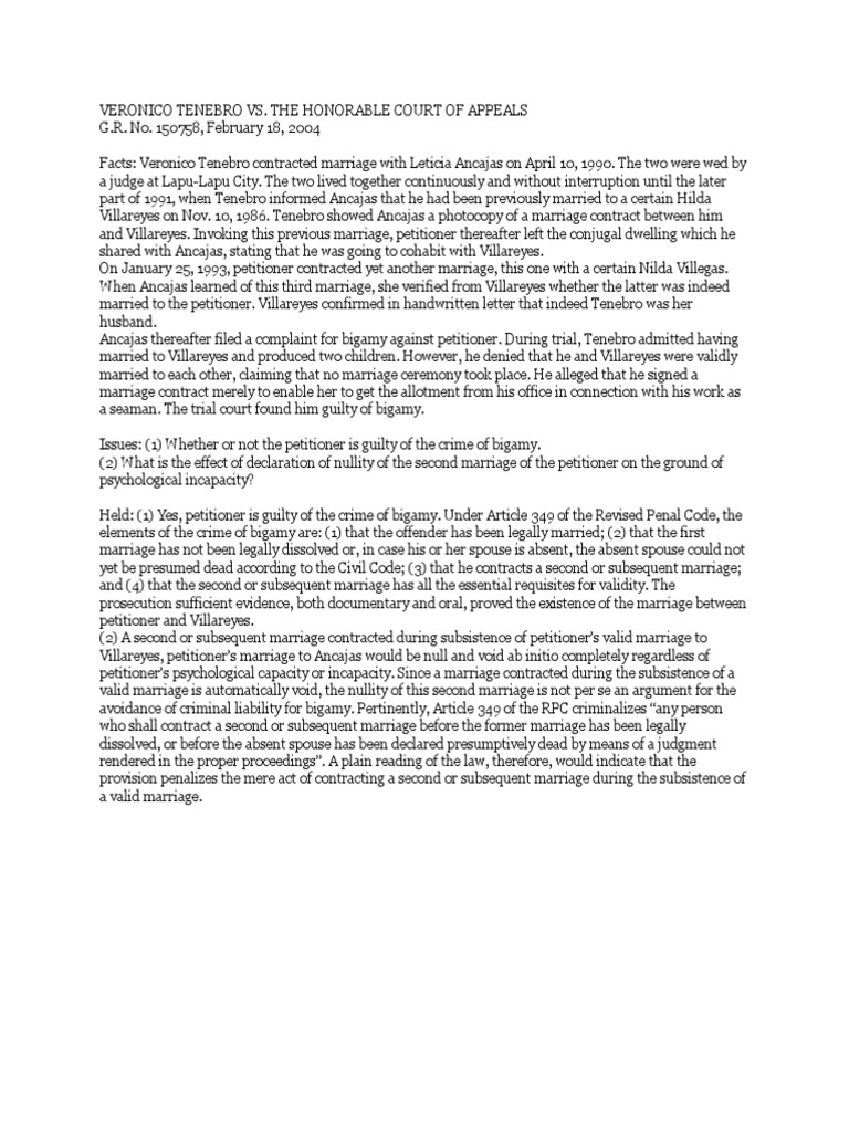 Veronico Tenebro Vs CA | PDF | Marriage | Void (Law)