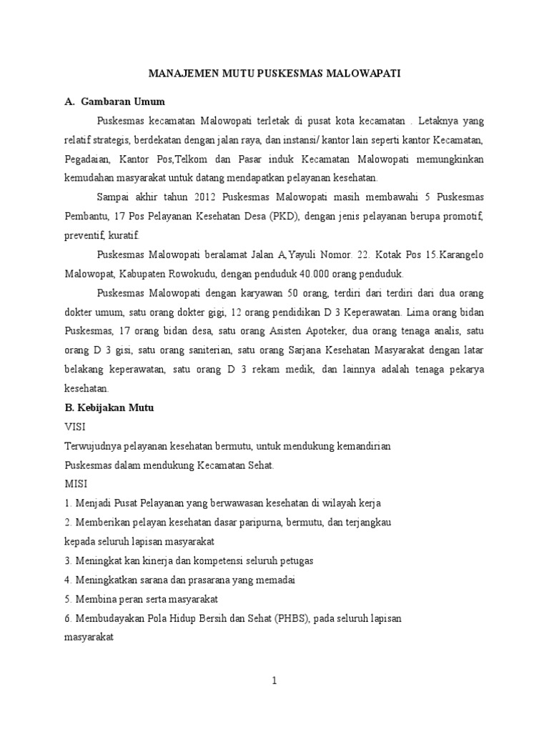 Contoh Manajemen Mutu Puskesmas Malowapati | PDF