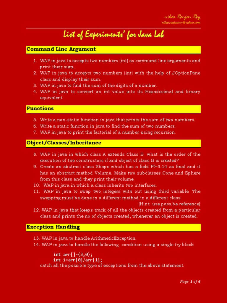 List of Experiments For Java Lab | PDF | Java (Programming Language) | String (Computer Science)