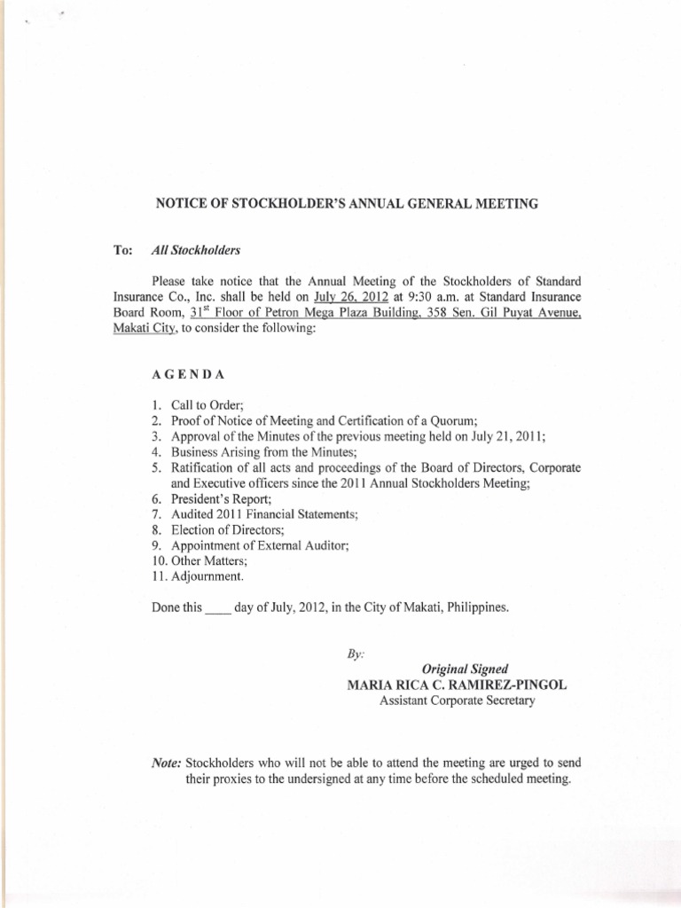 Notice of Annual Stockholders Meeting and Proxy Form
