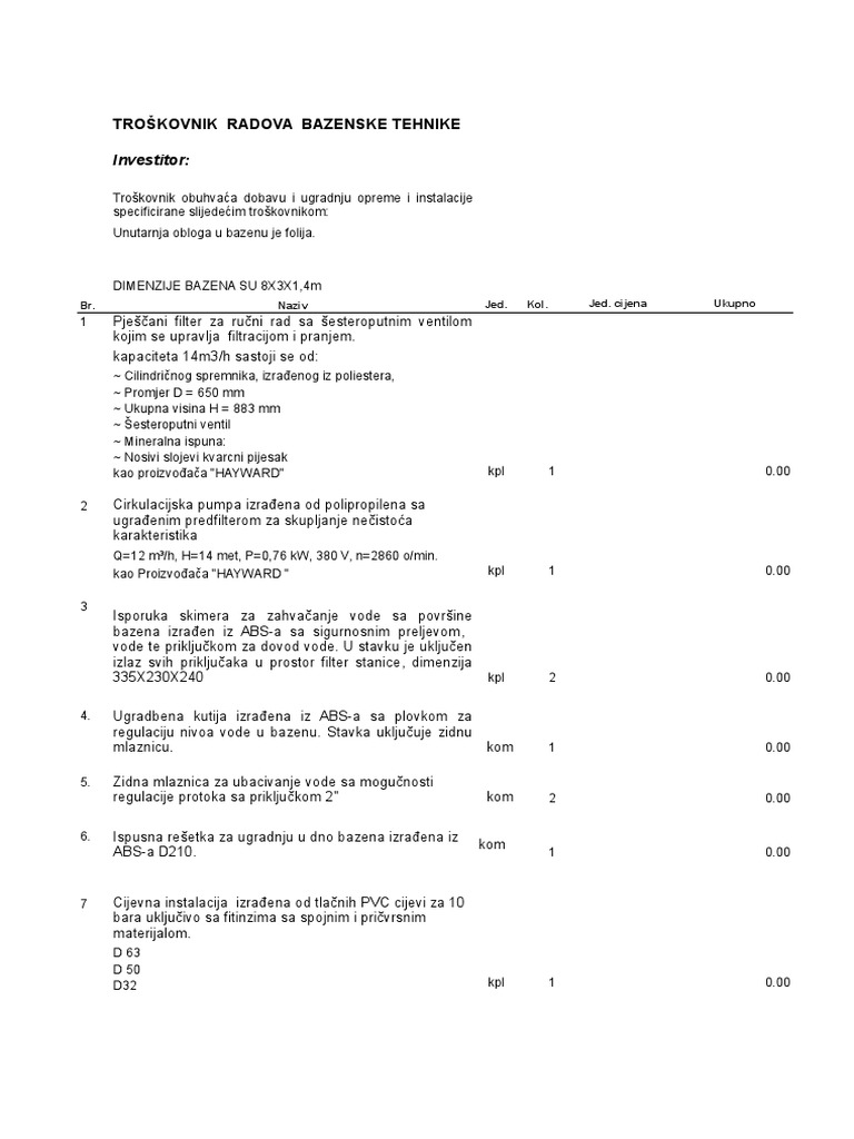 Troskovnik Za Bazen Do 40m3 Privatni | PDF