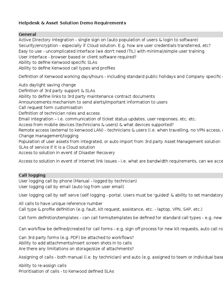 Helpdesk & Asset Solution Requirements | PDF | Help Desk | Cloud Computing