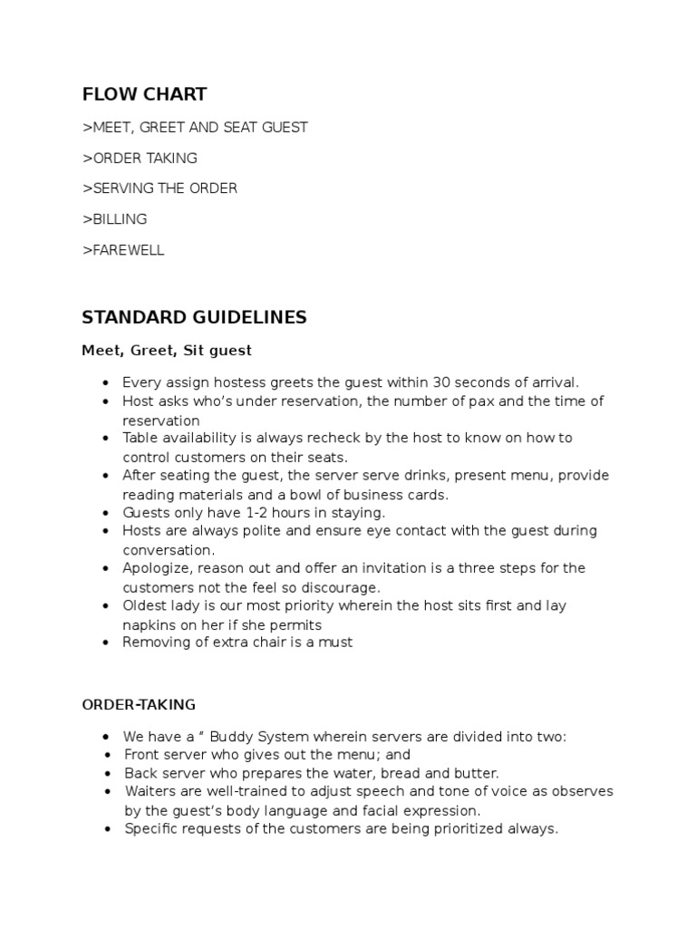 Flow Chart and Standard Guidelines | PDF | Waiting Staff | Food And Drink
