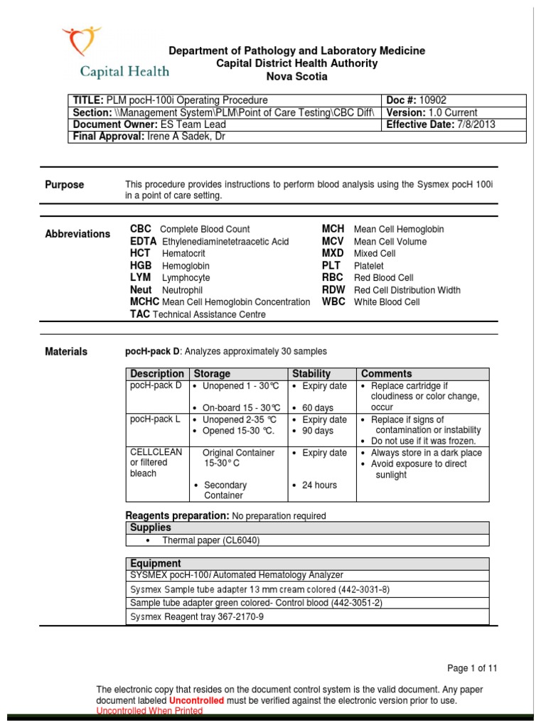 Poch 100i Operating Procedure PDF | PDF | Hematology | Medical Specialties