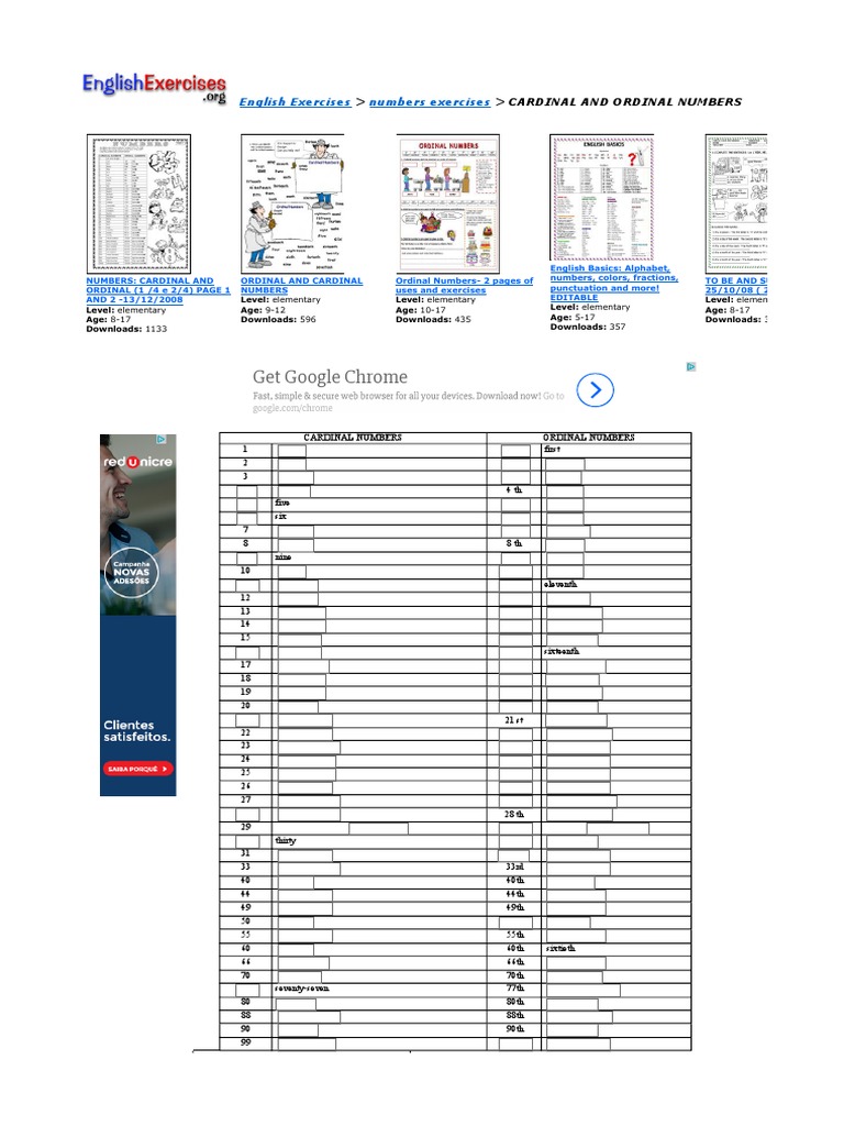 English Exercises - Cardinal and Ordinal Numbers | PDF