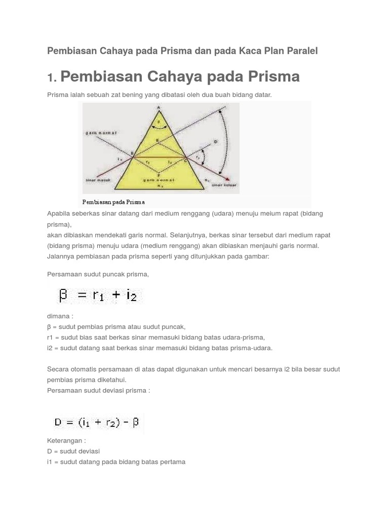 Pembiasan Cahaya Pada Prisma Dan Pada Kaca Plan Paralel | PDF