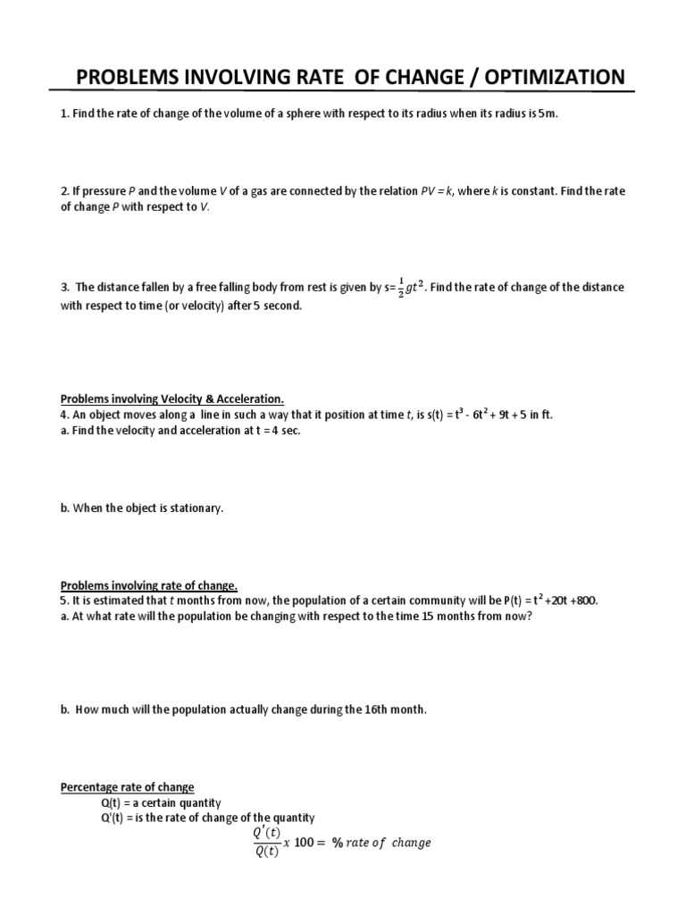 Rate of Change Problems and Solutions | PDF | Velocity | Acceleration