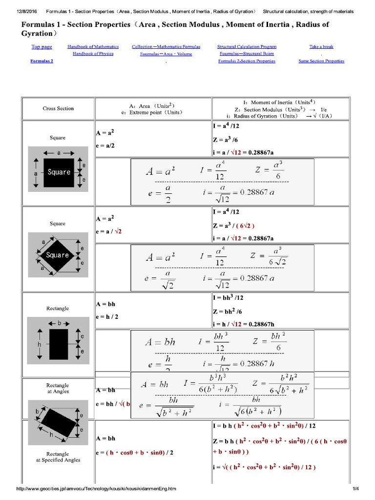 Formulas 1 - Section Properties Area, .. | PDF