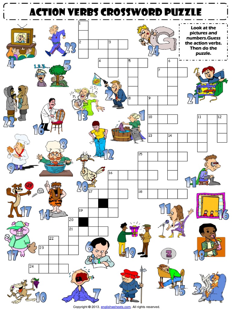 Action Verbs Esl Vocabulary Crossword Puzzle Worksheet For Kids | PDF
