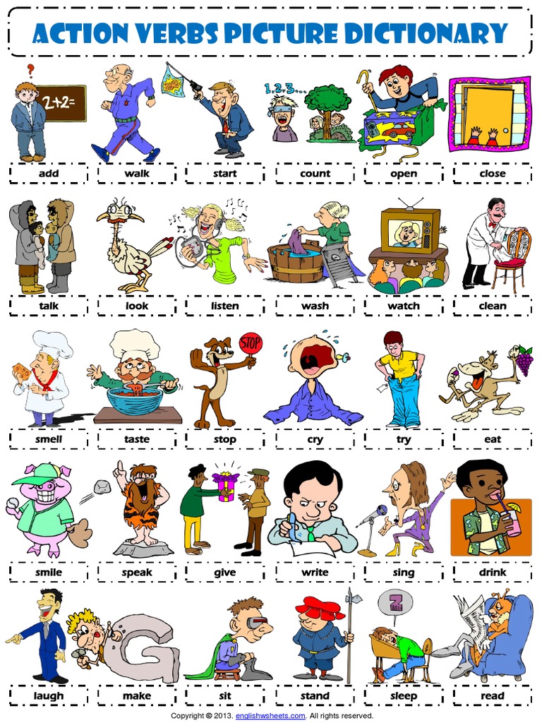 Action Verbs Esl Vocabulary Picture Dictionary Worksheet For Kids | PDF ...
