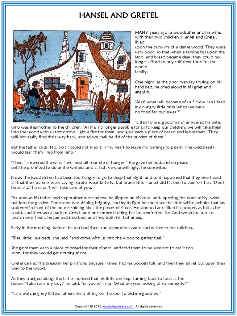Hansel and Gretel Fairy Tale Reading Worksheet | Download Free PDF ...