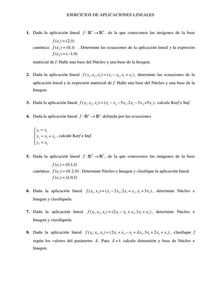 Ejercicios Aplicaciones Lineales | PDF | Mapa lineal | Base (álgebra lineal)