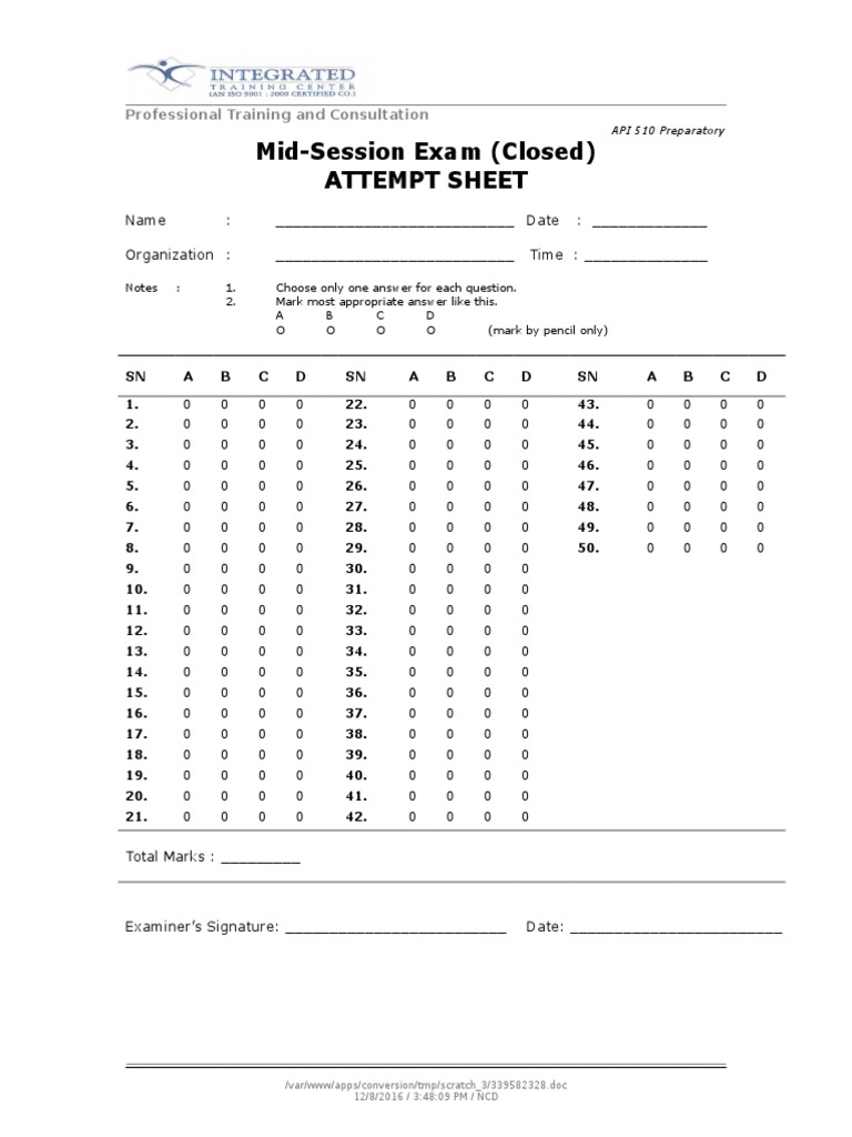 Mid-Session Exam (Closed) Attempt Sheet | PDF