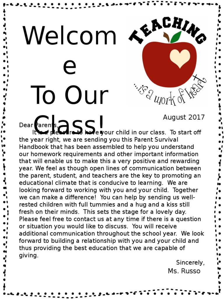 Welcome Letter | PDF | Homework | Reading Comprehension