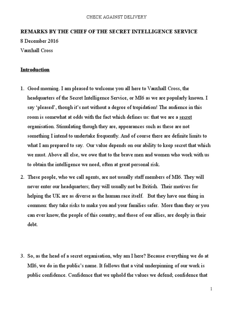 MI6 Chief Alex Younger Full Speech | PDF | Mi5 | Secret Intelligence ...