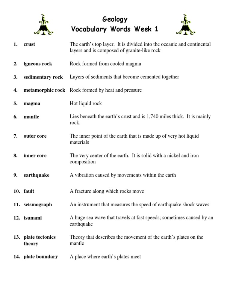 Geology Vocabulary Words Week 1: 1. Crust | PDF | Rock (Geology) | Volcano