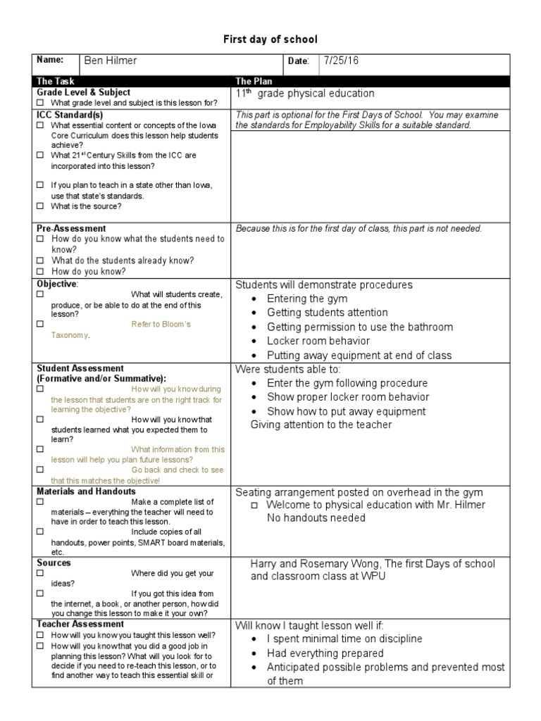 First Day PE Lesson Plan for 11th Grade | PDF | Physical Education ...