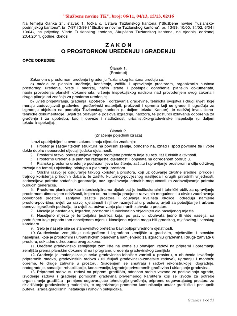 Zakon o Prostornom Uredjenju I Gradjenju TK - Prečišćeni Tekst (6 - 11, 4 - 13, 15 - 13, 02 - 16 ...