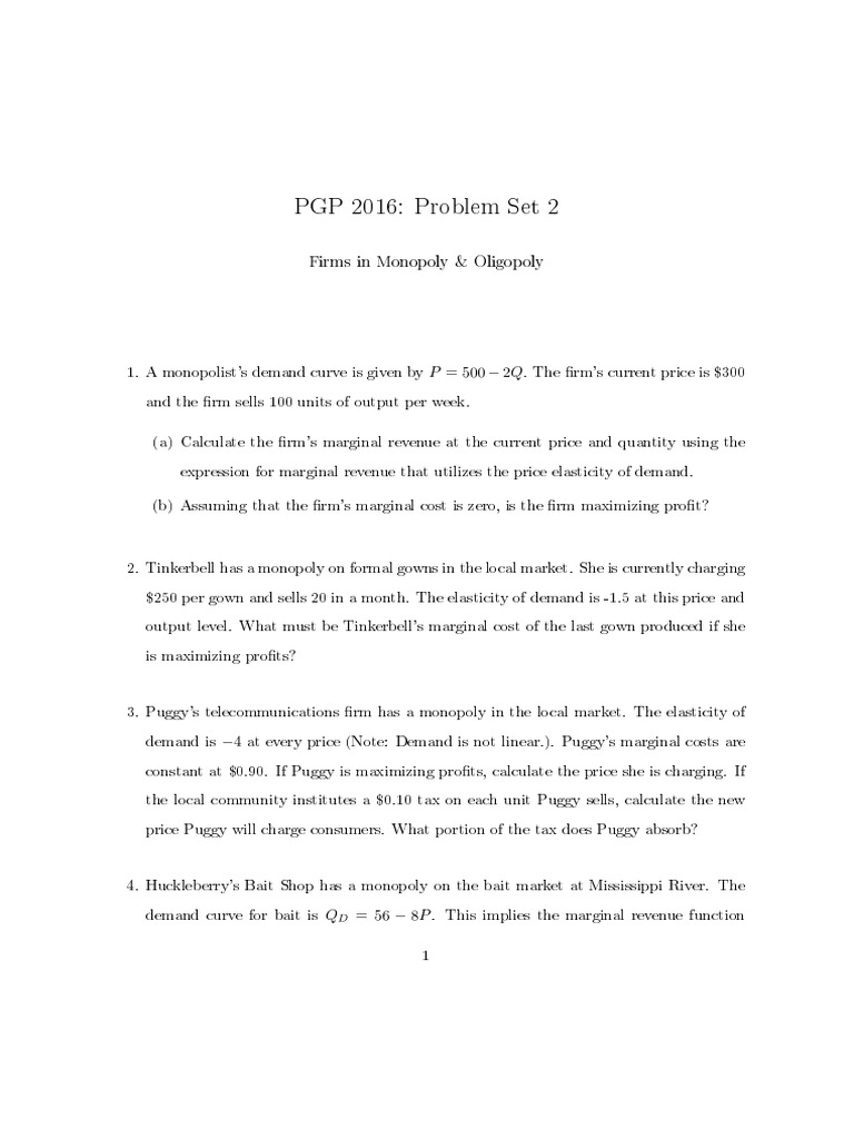 Microeconomics Problem Set 2 (Monopoly & Oligopoly) | PDF