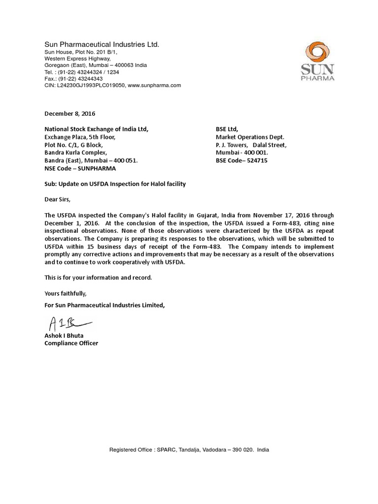USFDA Inspection Update: Halol Facility | PDF