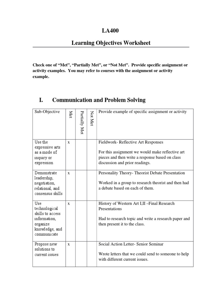Learning Objectives Worksheet Pdf Evaluation Knowledge