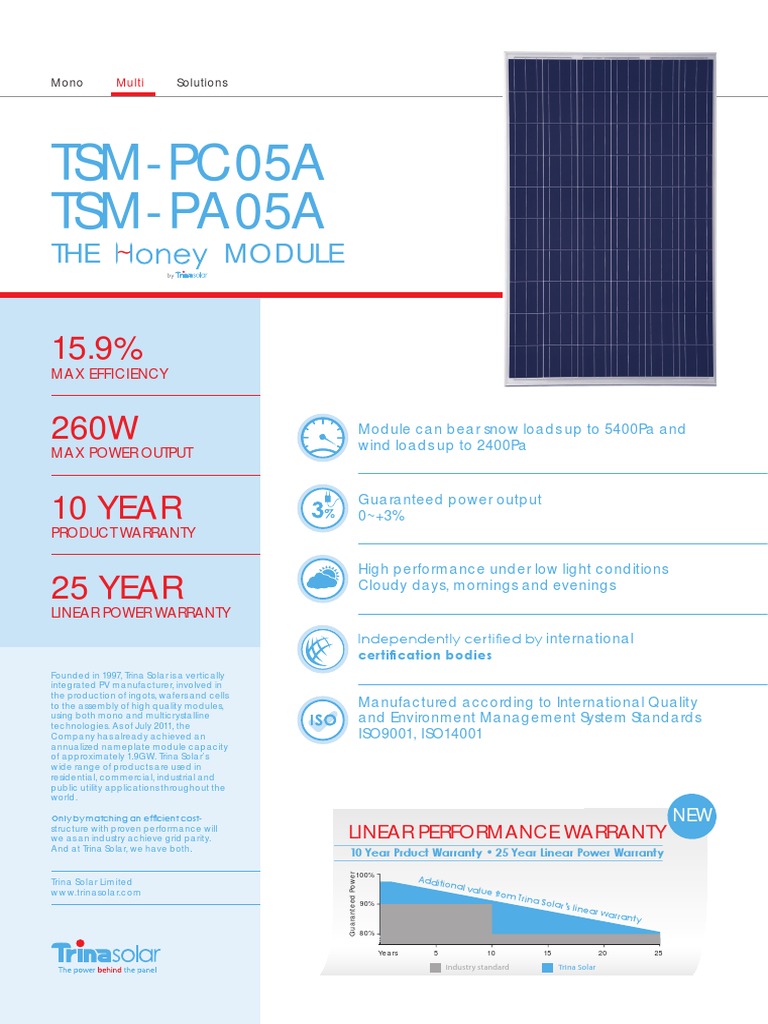 Trina Tsm250 Tesm255 Tsm260 Ficha en | PDF | Photovoltaics | Solar Panel