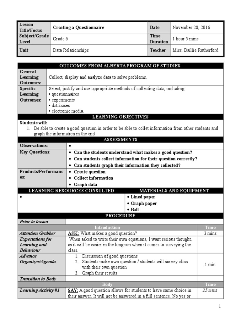 Math 6 - Creating A Questionnaire | PDF | Questionnaire | Teaching