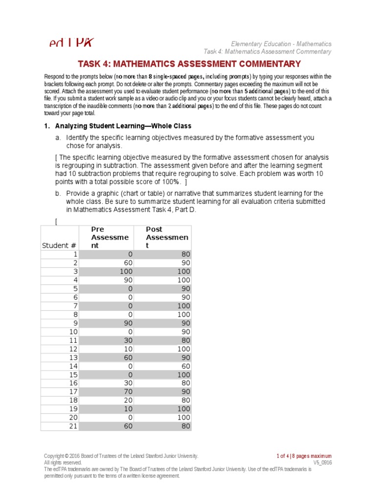 Edtpa Ele MTH Assessment Commentary Doc 1 | Download Free PDF ...