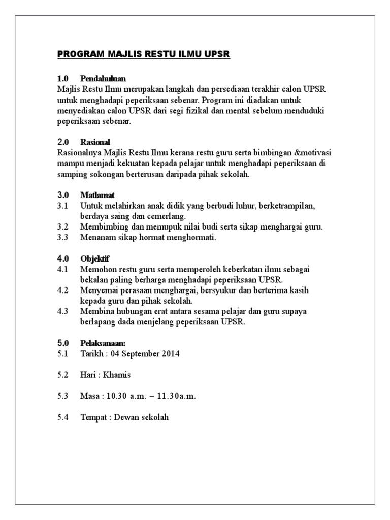 Kertas Kerja Program Majlis Restu Ilmu UPSR | PDF