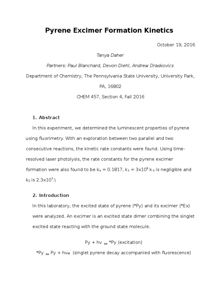 Pyrene Excimer Formation Kinetics | PDF | Absorption Spectroscopy ...