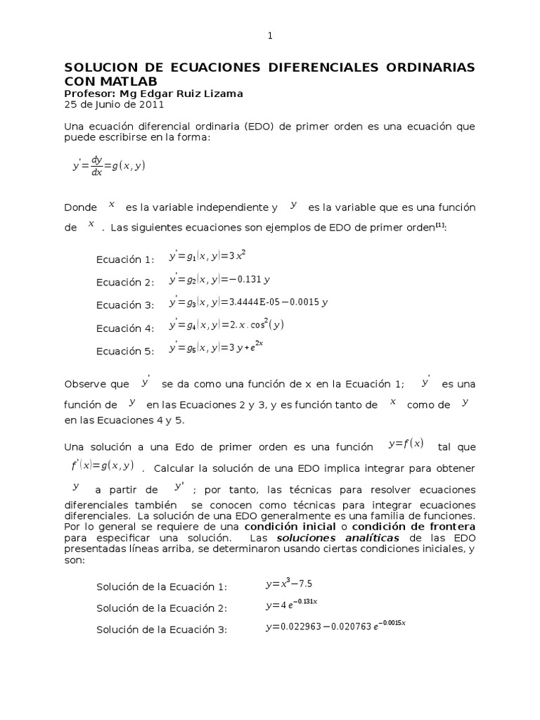 Solucion de Ecuaciones Diferenciales or Din Arias Con Matlab | PDF ...