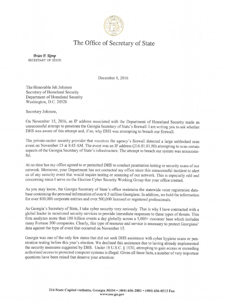 Letter To Jeh Johnson DHS | PDF